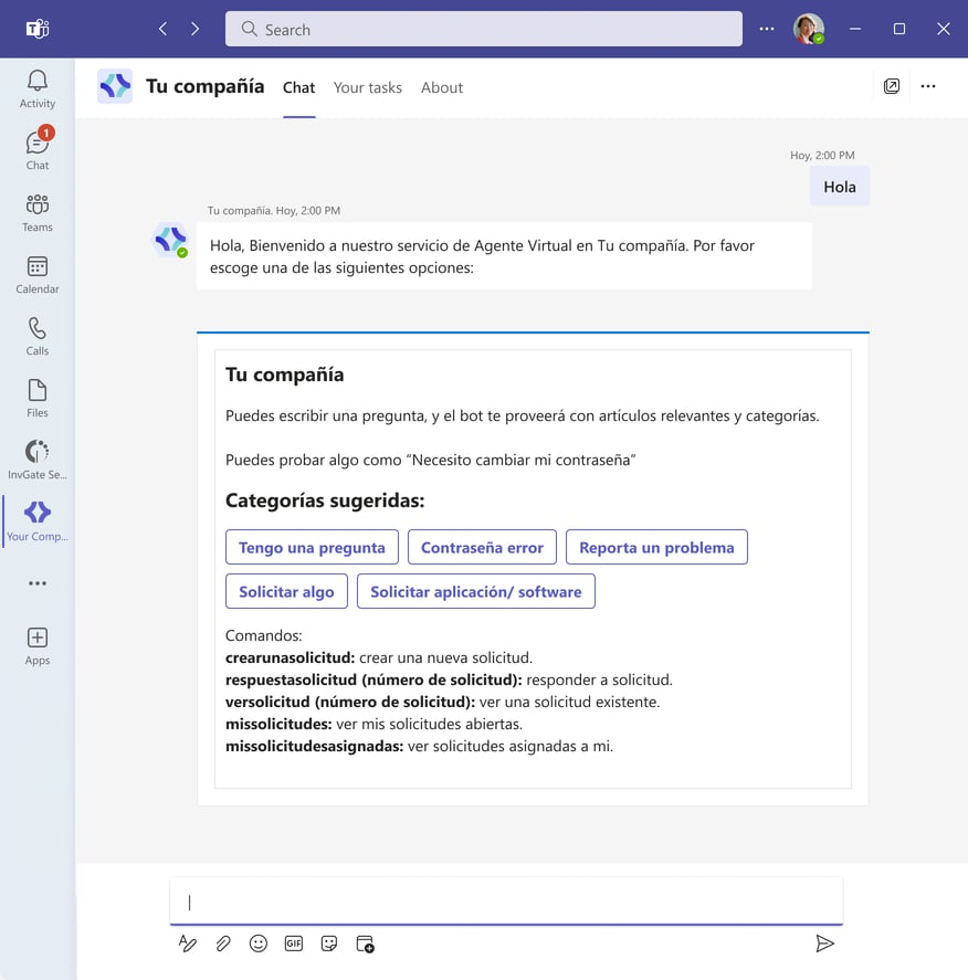 Agente Virtual de InvGate Service Management para Microsoft Teams